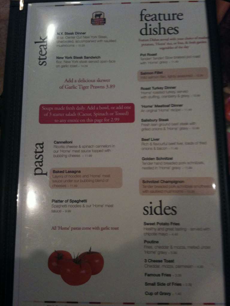 Menu at Home Restaurant, Hope