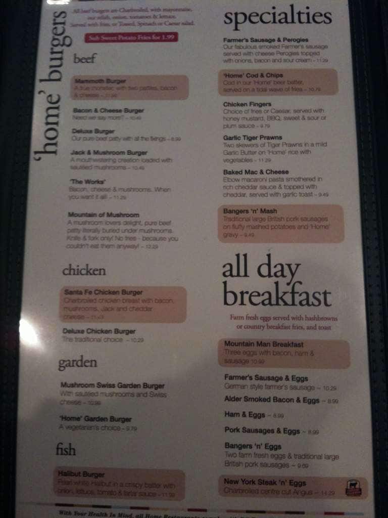 Menu at Home Restaurant, Hope