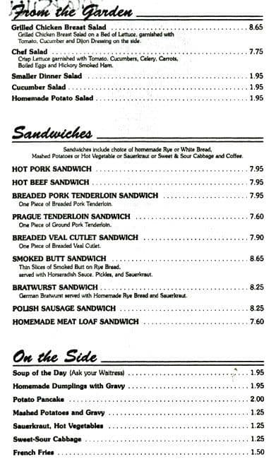 Menu at Bohemian Crystal restaurant, Westmont