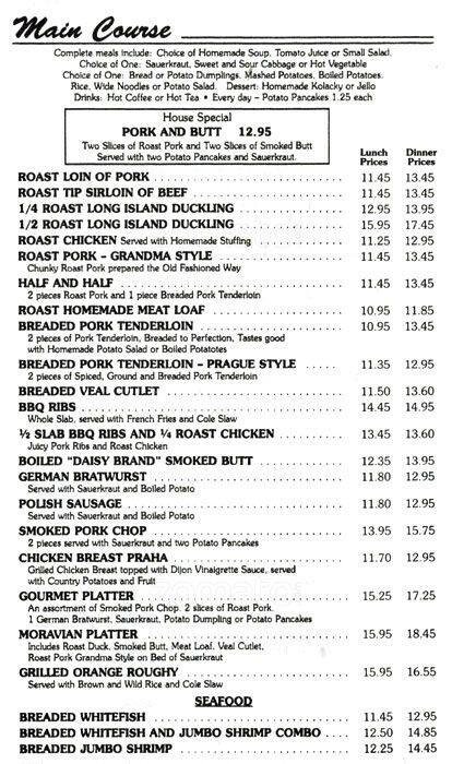 Menu at Bohemian Crystal restaurant, Westmont