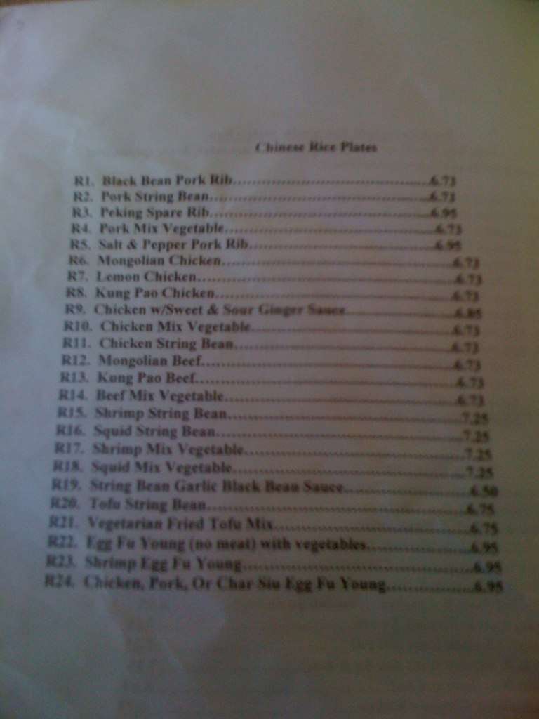 Menu at Yen's Cafe, Hilo