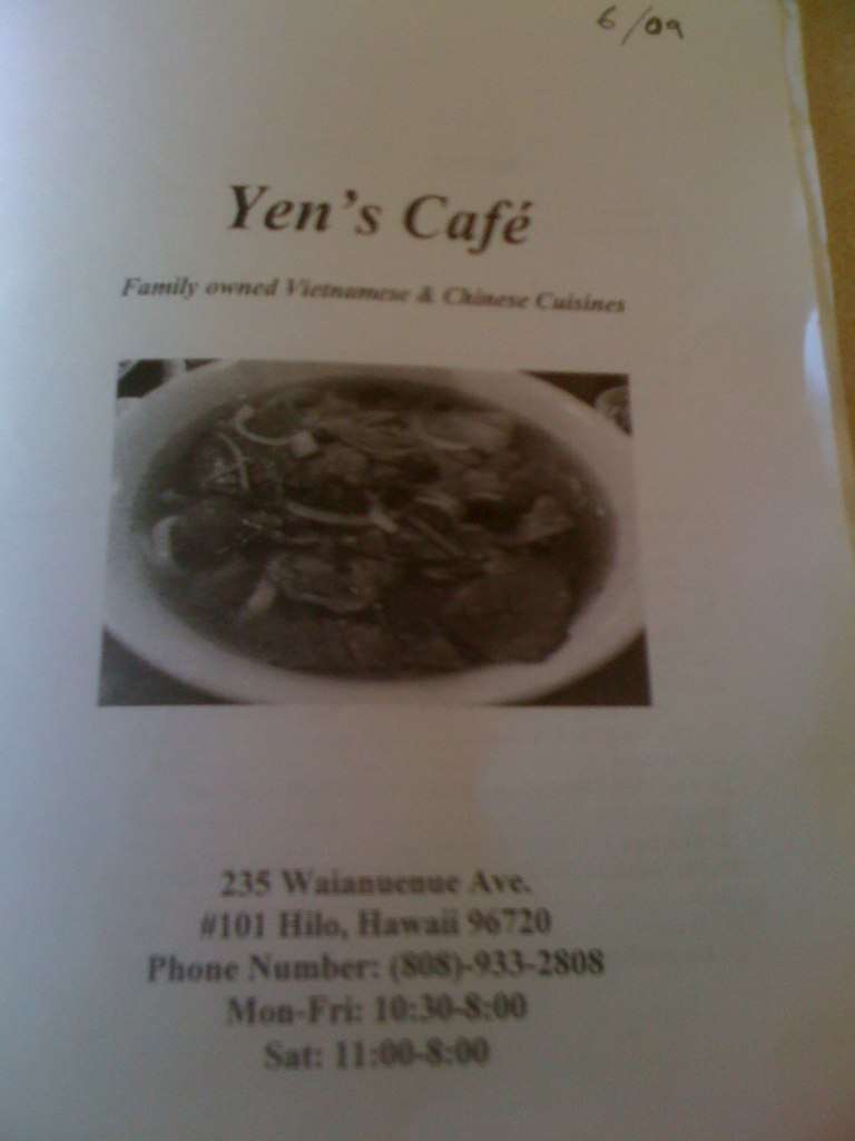 Menu at Yen's Cafe, Hilo