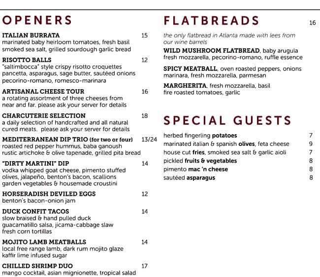Menu at City Winery Atlanta pub & bar, Atlanta, 650 North Avenue NE
