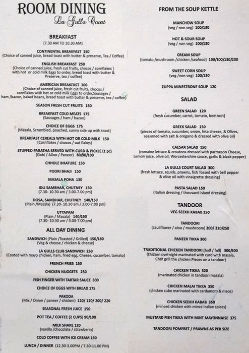Menu at Monarch, Chapora