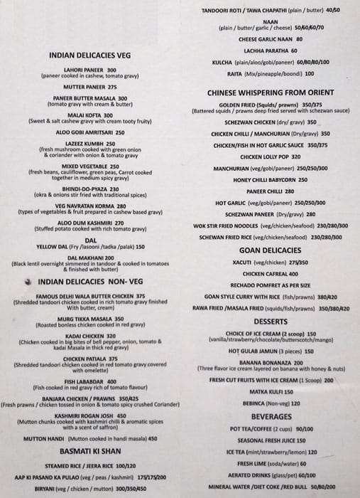 Menu at Monarch, Chapora