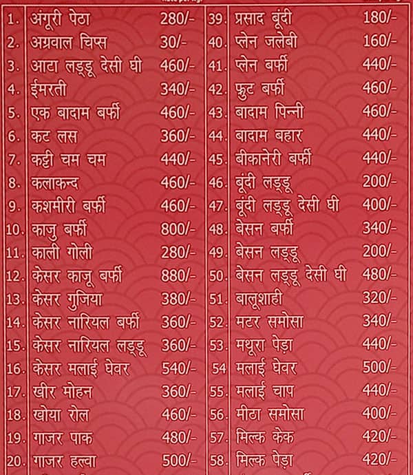 Menu of Aggarwal Sweets, Lajpat Nagar 2, New Delhi