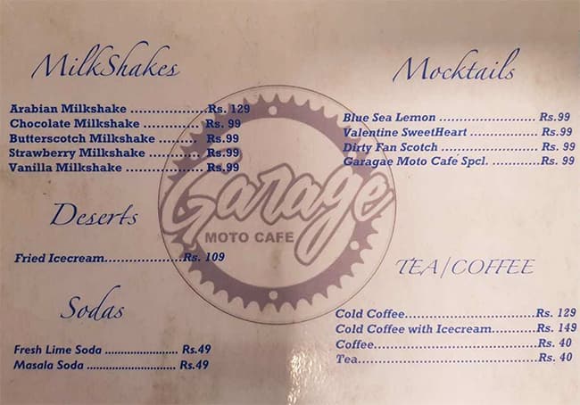 Menu of Garage Moto Cafe, Jubilee Hills, Hyderabad