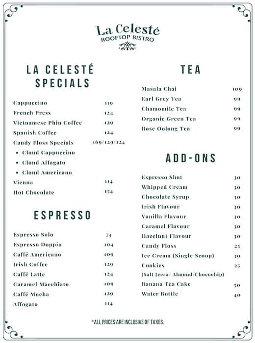 Menu of La Celeste, Rajarajeshwari Nagar, Bangalore