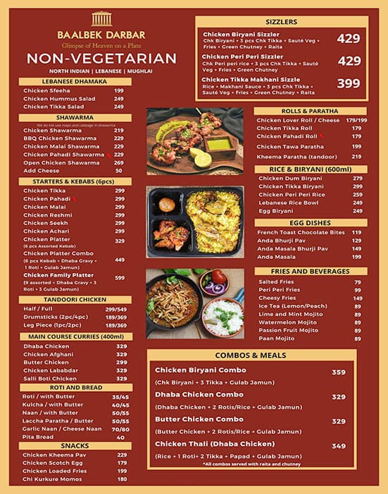 Menu at Baalbek Darbar, Mumbai