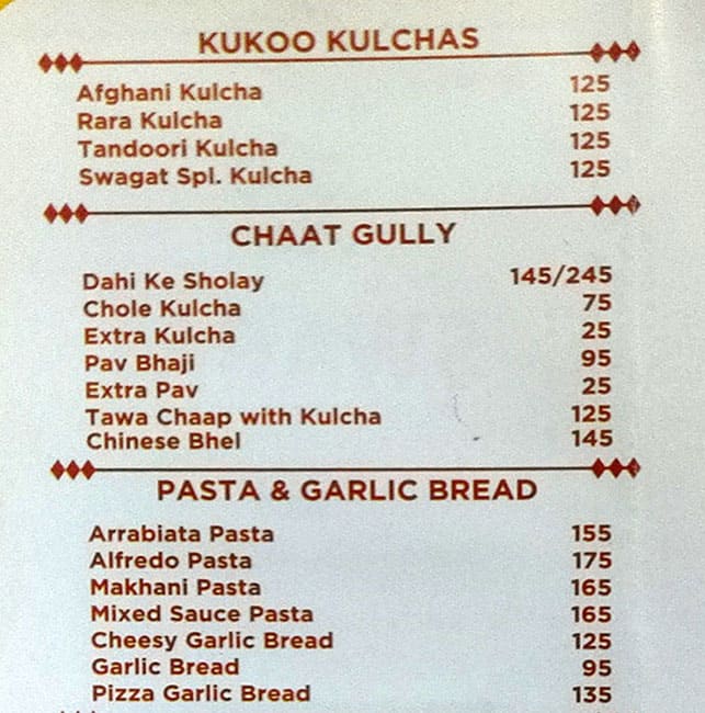 Menu at Swagat - food palette of India, New Delhi
