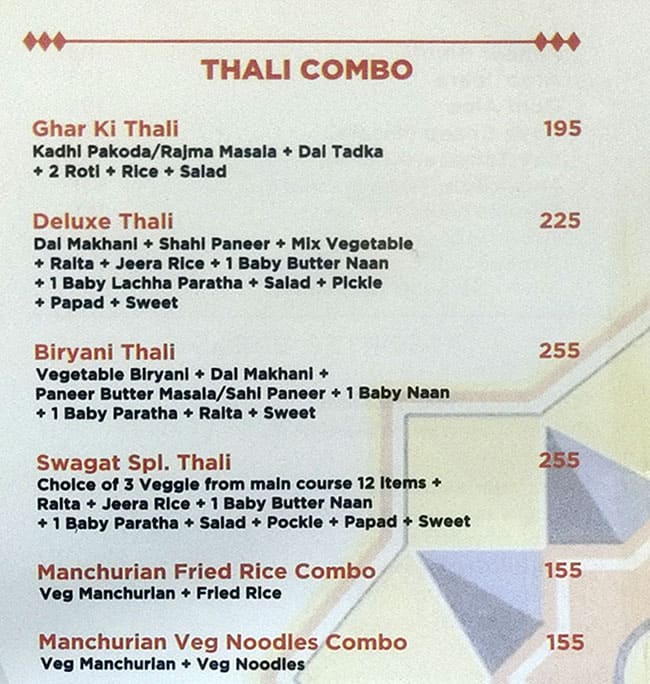 Menu at Swagat - food palette of India, New Delhi