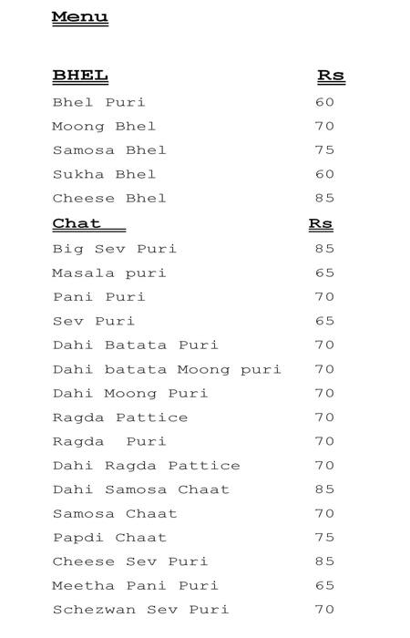 Menu of Kalpataru Fast Food, Juhu, Mumbai