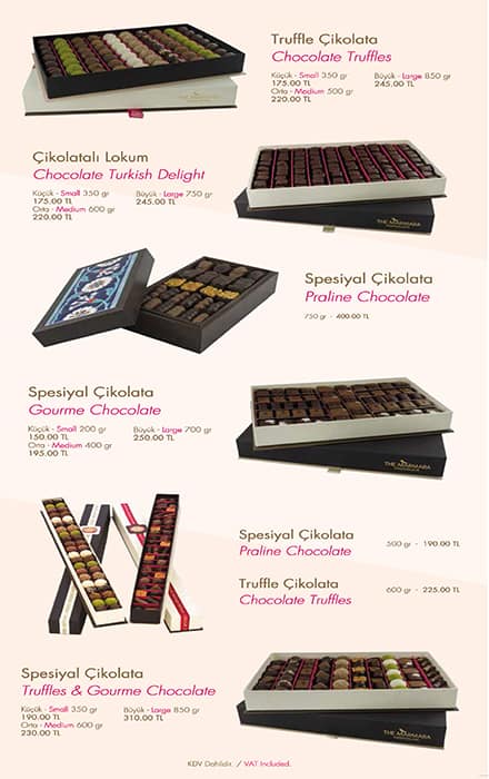 Menu at The Marmara Chocolate Shop, Istanbul