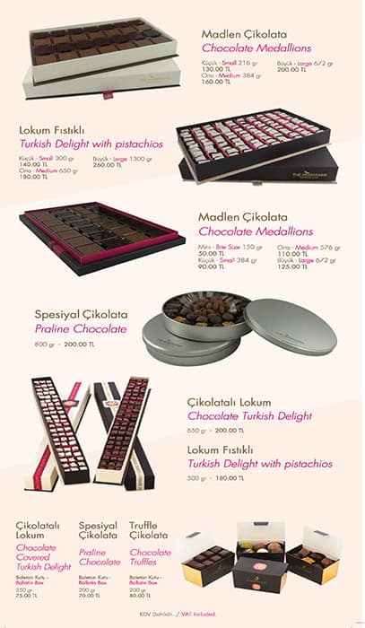 Menu at The Marmara Chocolate Shop, Istanbul