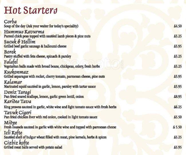 Menu at Ishtar restaurant, London, 10-12 Crawford St