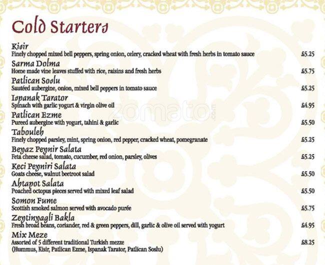 Menu at Ishtar restaurant, London, 10-12 Crawford St