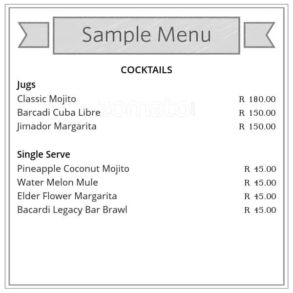 Menu at The Beach pub & bar, Johannesburg