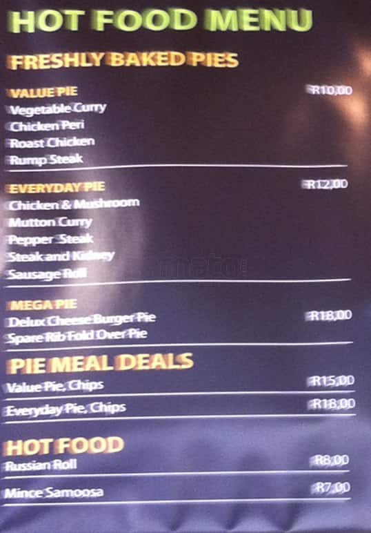 Menu at Food Co, Durban