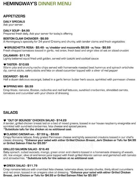 Menu at Hemingway's Restaurant and Bar, Toronto