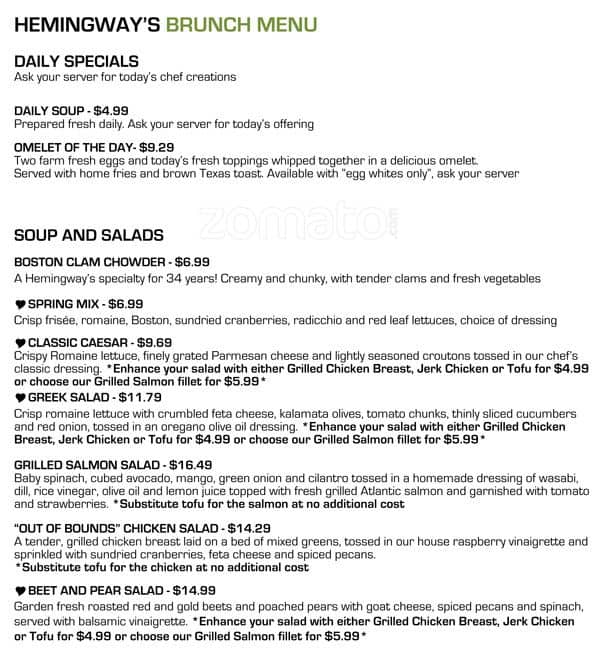 Menu at Hemingway's Restaurant and Bar, Toronto