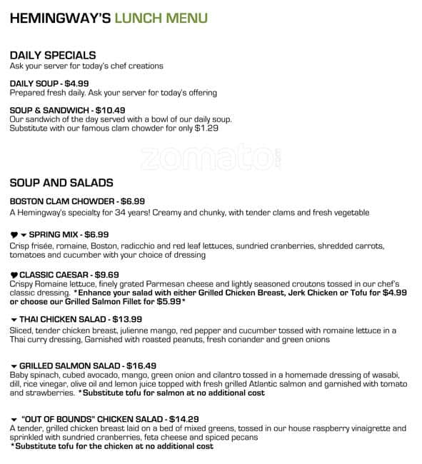 Menu at Hemingway's Restaurant and Bar, Toronto