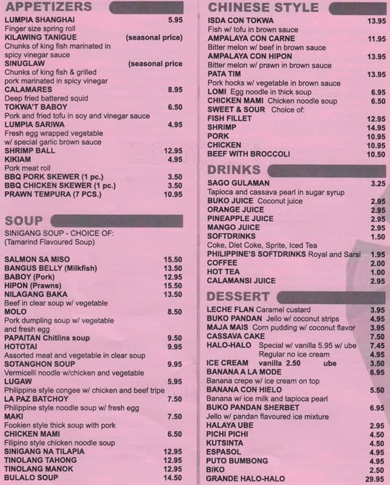 Carta de Pinpin Restaurant, Surrey