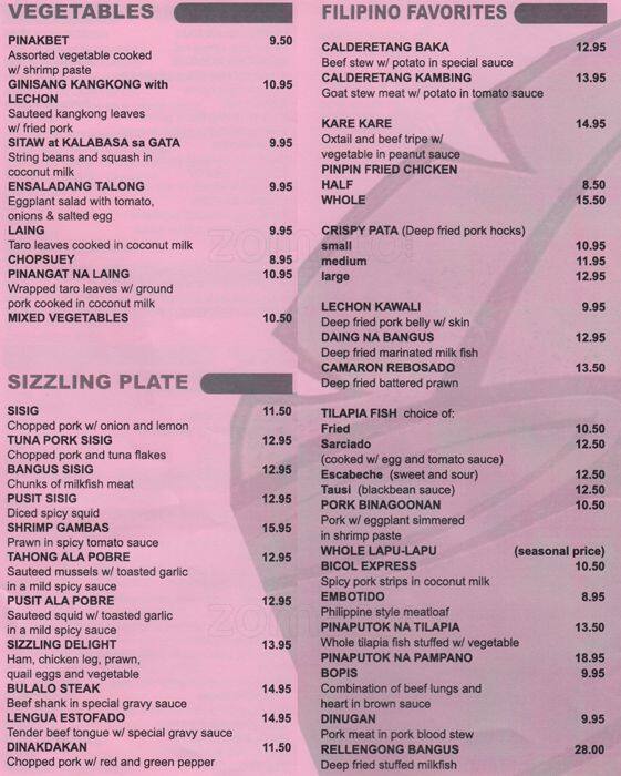 Carta de Pinpin Restaurant, Surrey