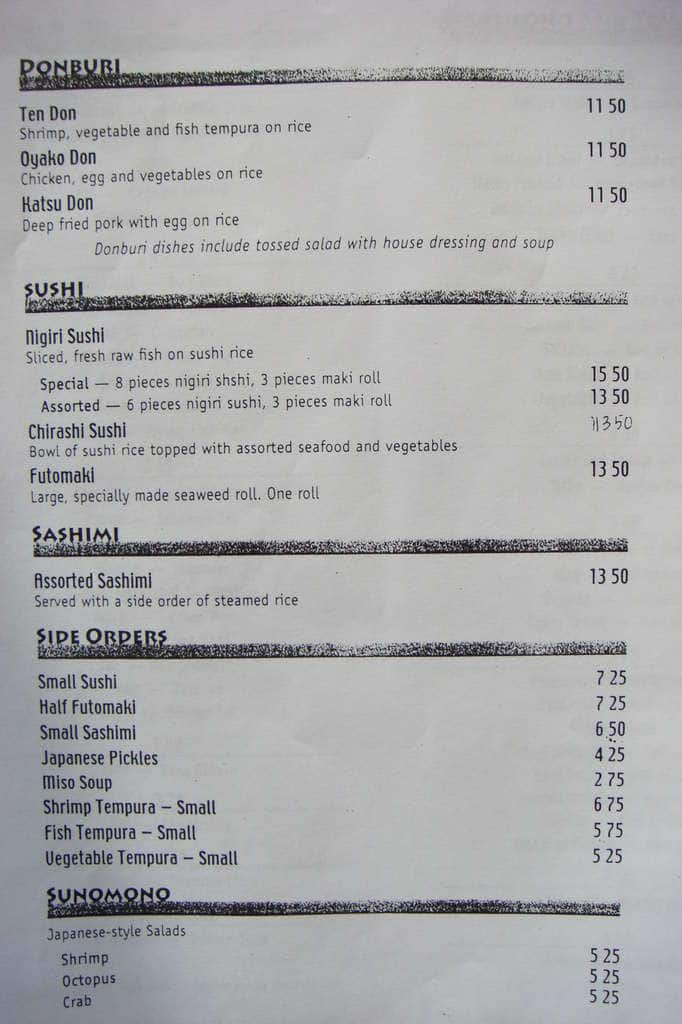 Menu at Sushi Hiro Japanese Restaurant, Calgary
