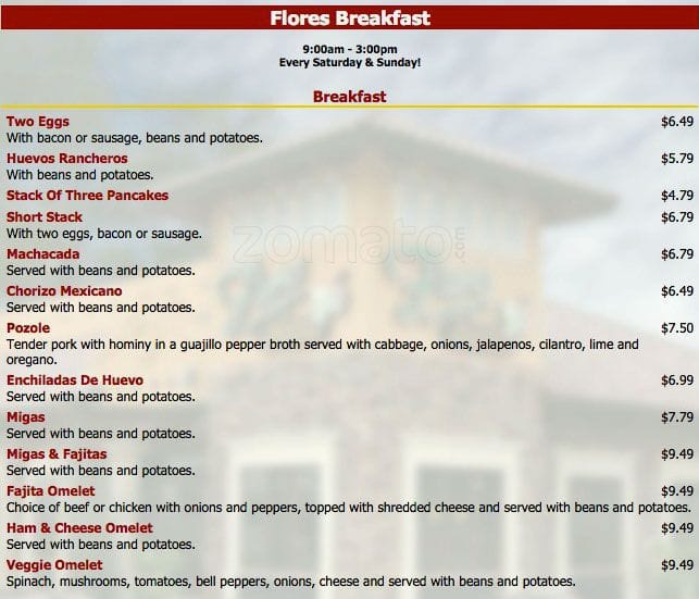 Flores Mexican Restaurant Menu - Urbanspoon/Zomato