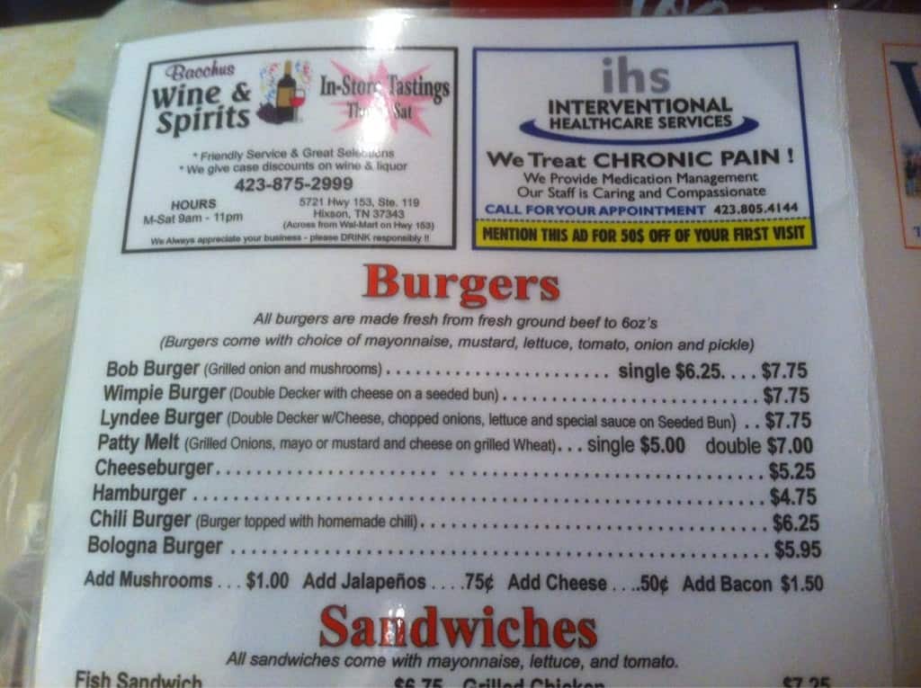 Menu at Wimpies Country Restaurant, Soddy-Daisy