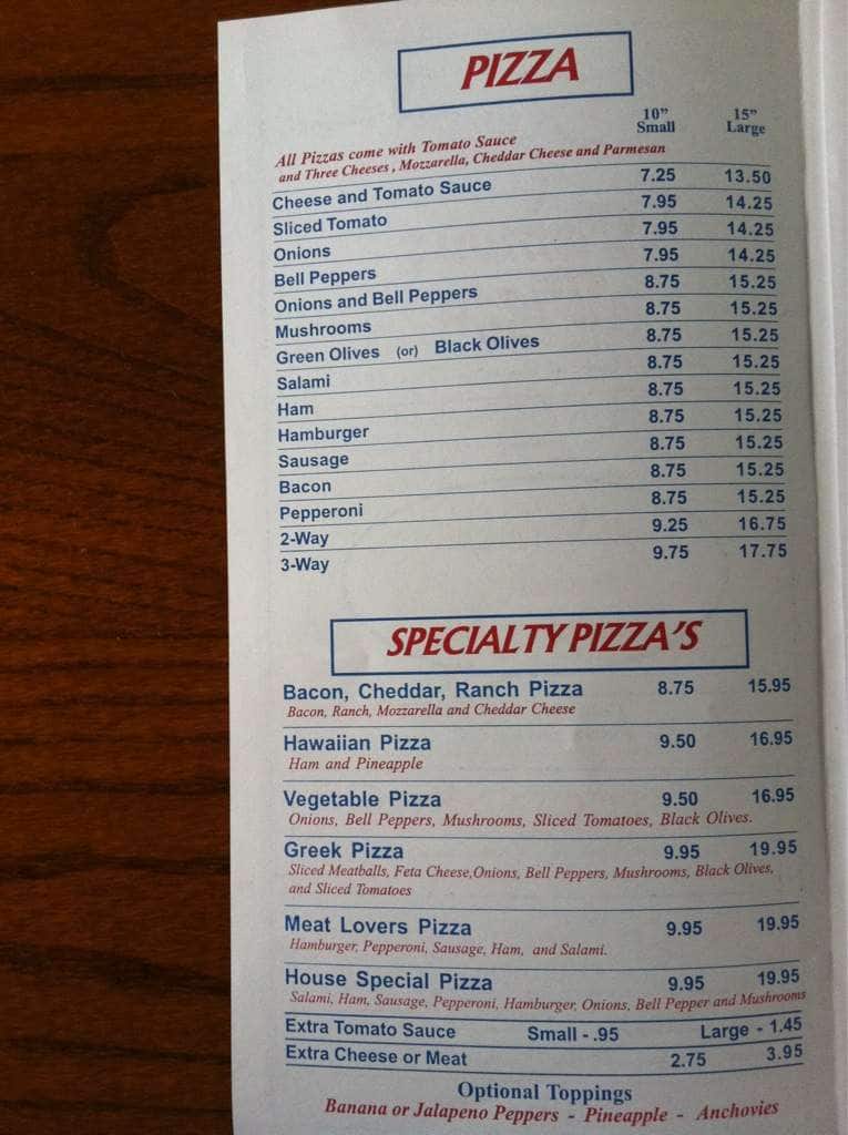 Menu at Tony's Famous Pizza pizzeria, Georgetown