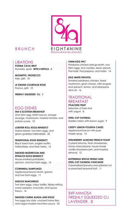 Menu at Eight4Nine Restaurant & Lounge, Palm Springs