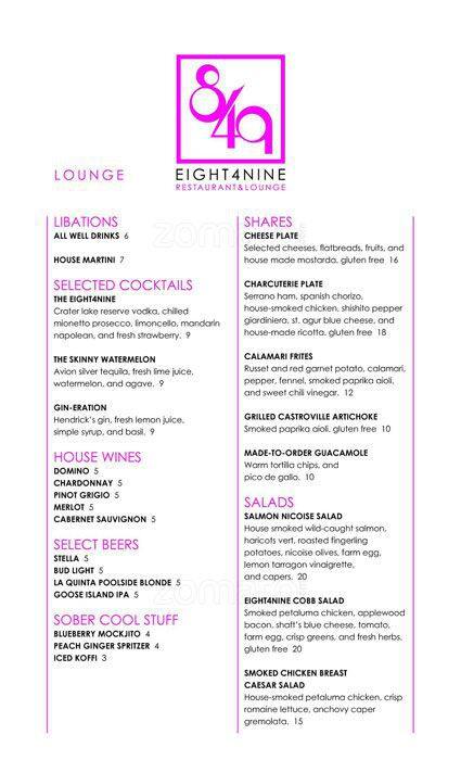 Menu at Eight4Nine Restaurant & Lounge, Palm Springs