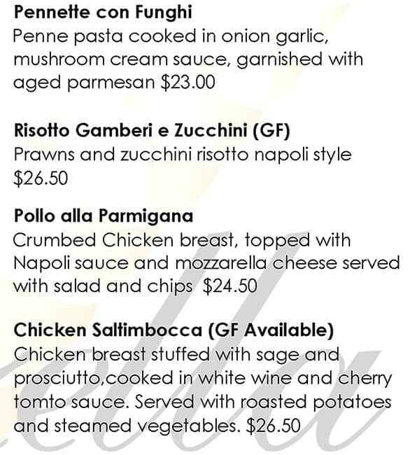 Menu at Maruzzella Restaurant, Perth