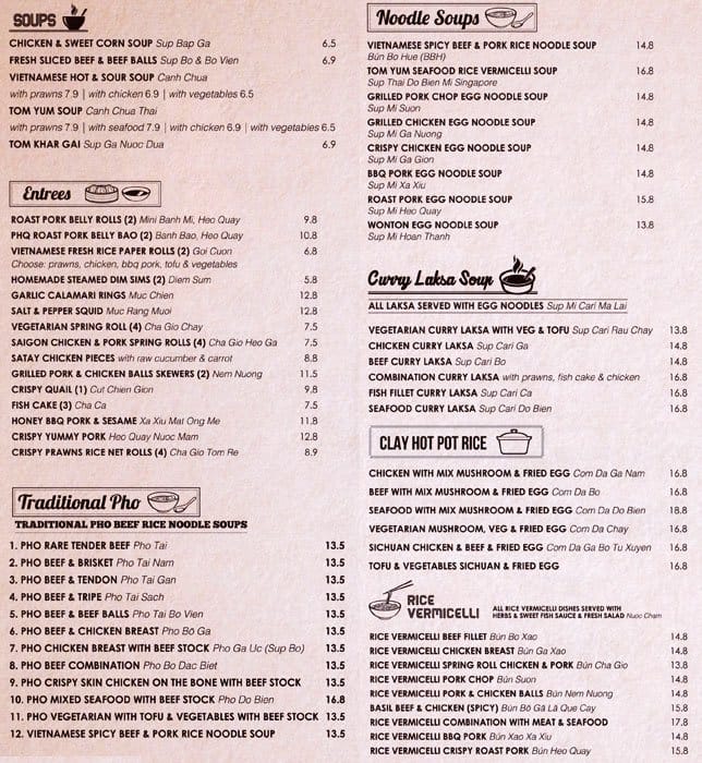 Menu at Pho Khang restaurant, Parafield Gardens