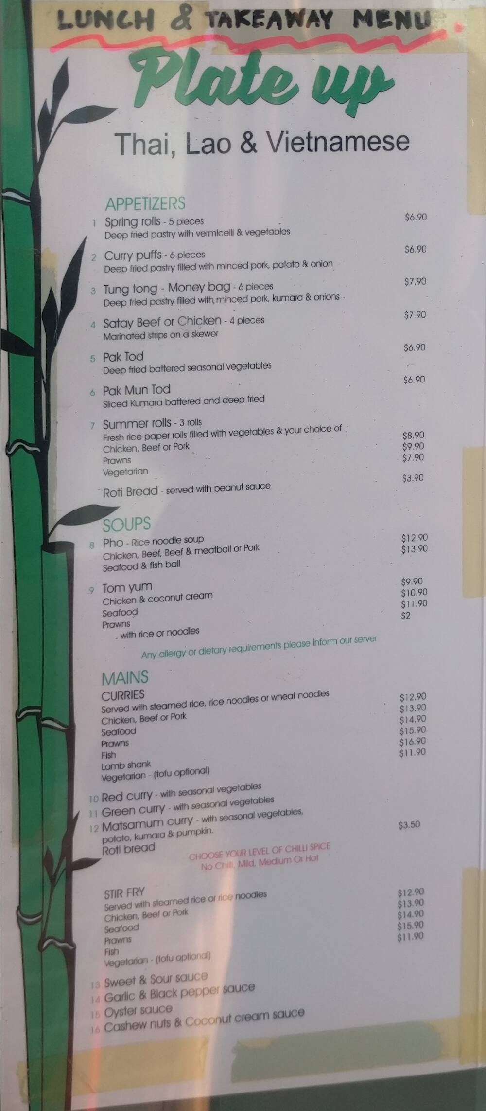 Menu at Plate up Thai, Lao & Vietnamese restaurant, Wellington