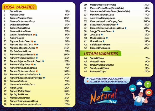 Menu of Natural Dhosa, Nana Varachha, Surat