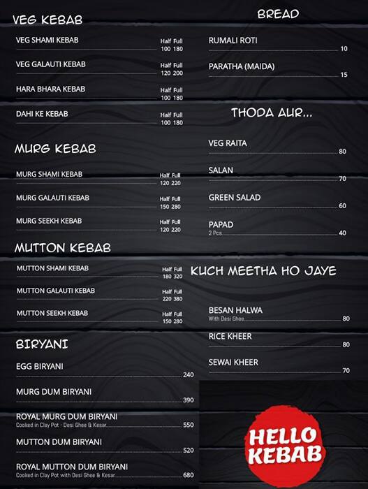 Menu of Hello Kebab, Sector 16, Dwarka, New Delhi