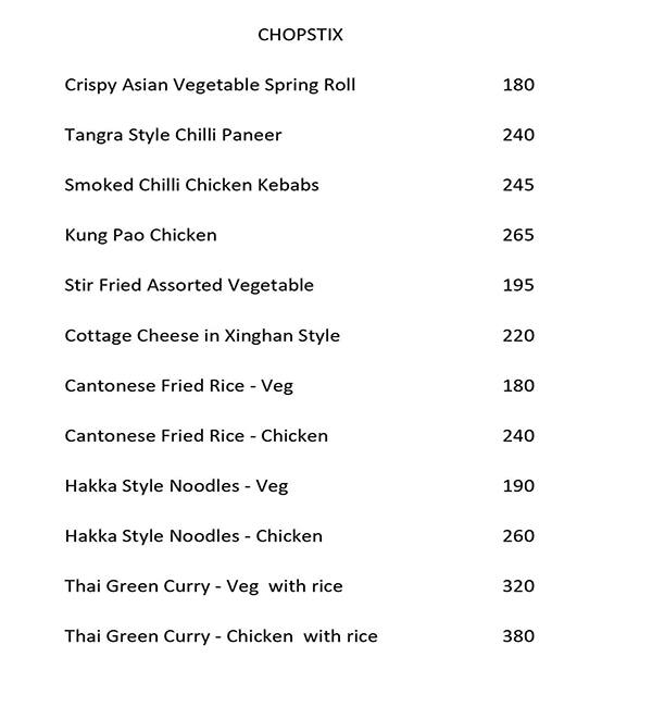 Menu of Chopstix, Indiranagar, Bangalore
