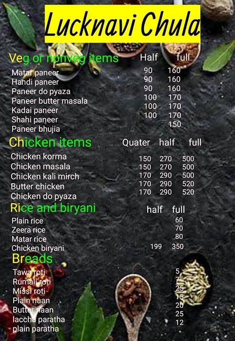 Menu at Lucknavi Chula, Lucknow
