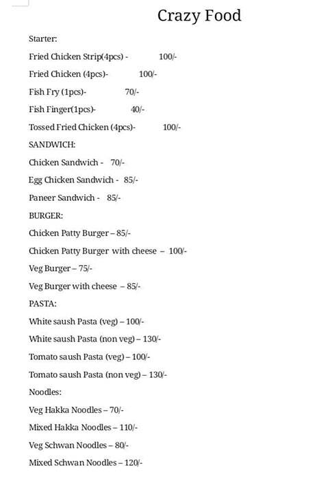 Menu of Crazy Food, Chandannagar, Kolkata