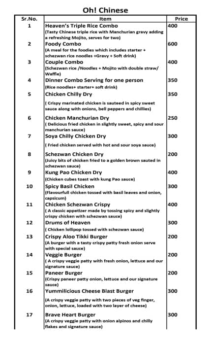 Menu of Oh! Chinese, Mahakali, Mumbai