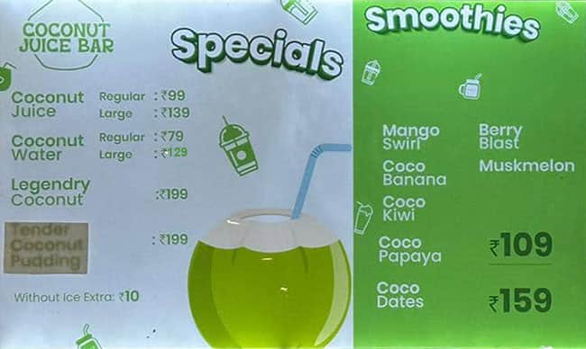 Menu of Coconut Juice Bar, Hitech City, Hyderabad