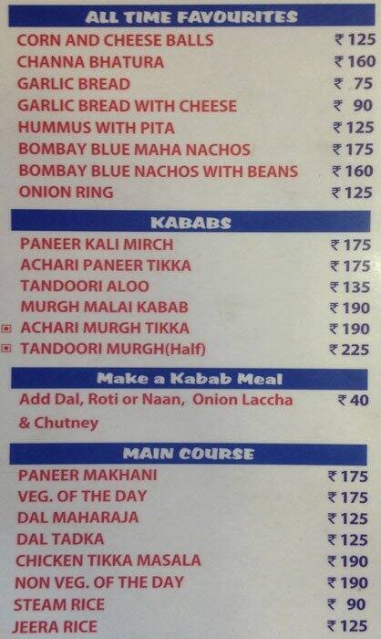 Menu at Bombay blue, Bengaluru, 21
