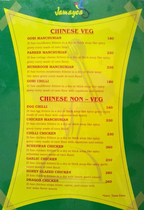 Menu at Tang of Jamaica, Bengaluru