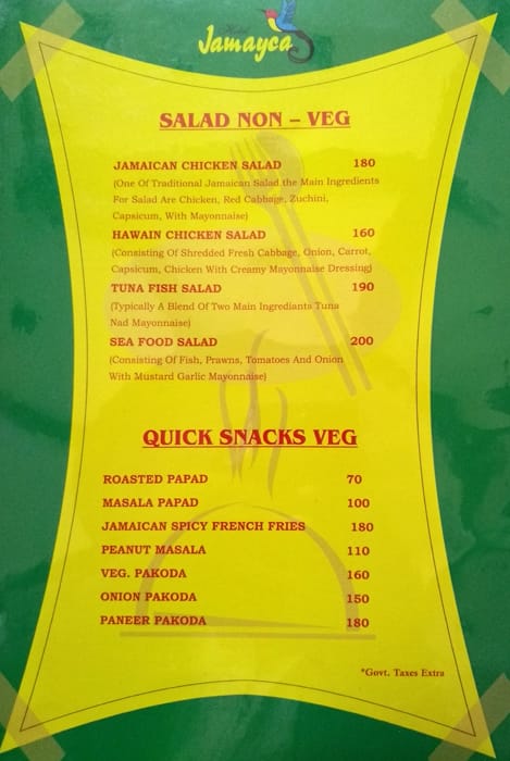 Menu at Tang of Jamaica, Bengaluru