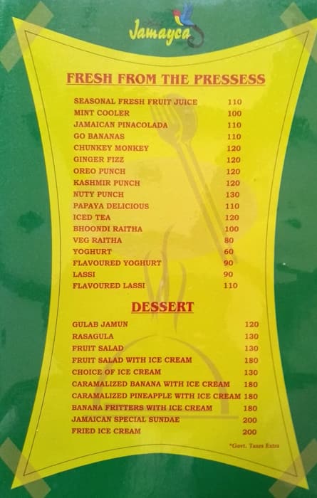 Menu at Tang of Jamaica, Bengaluru