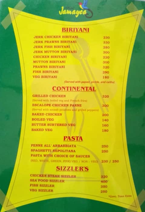 Menu at Tang of Jamaica, Bengaluru