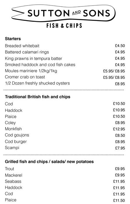 Menu at Sutton and Sons fast food, London, 90 Stoke Newington High St