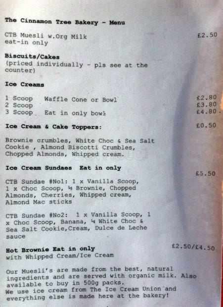Menu at The Cinnamon Tree Bakery, London, 14 Peckham High St